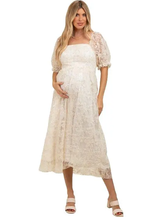 PINKBLUSH Floral Mesh Overlay Tie Back Maternity Midi Dress - Cream