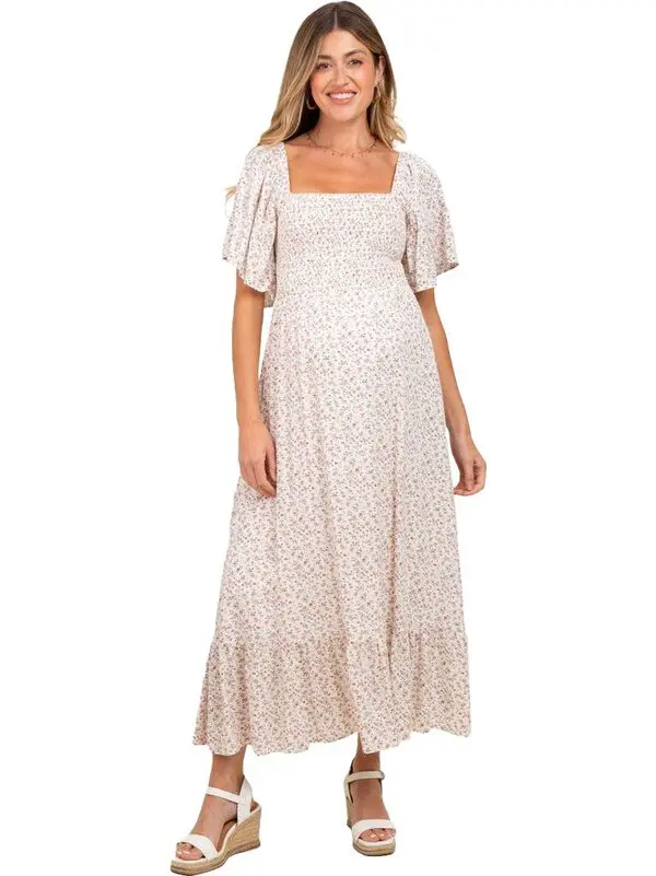 PINKBLUSH Floral Smocked Maternity Midi Dress - Cream
