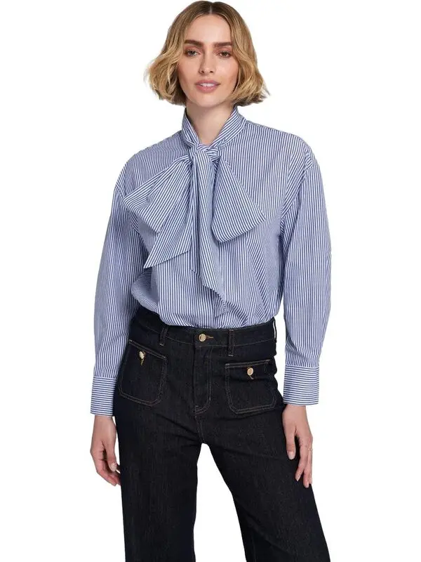 ELLE COLLECTION Striped Bow Blouse - Navy/white
