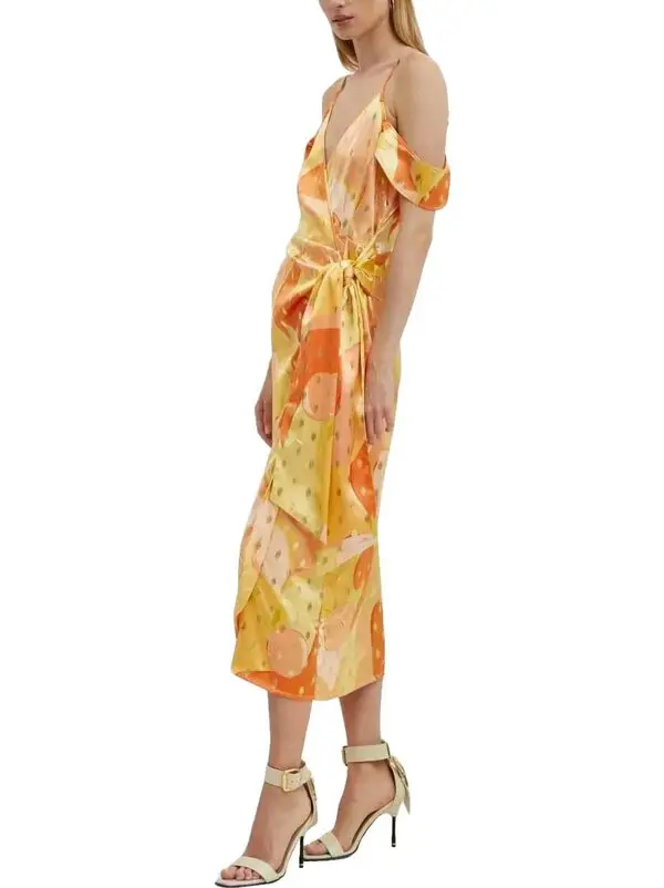 NEVER FULLY DRESSED Printed Cold-shoulder Midi Dress - Orange