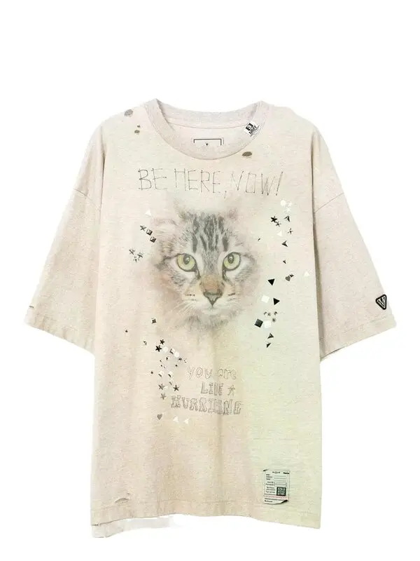 Mihara Yasuhiro Cat-print Distressed T-shirt - Grey