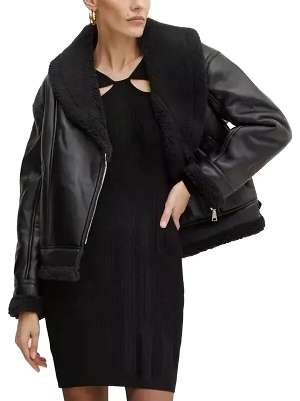 Bardot Fleece-collar Biker Jacket With Buckle Detail - Black
