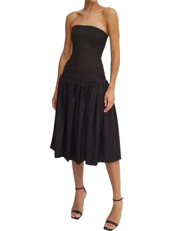 LA MANIA Strapless Gathered Midi Day Dress - Black
