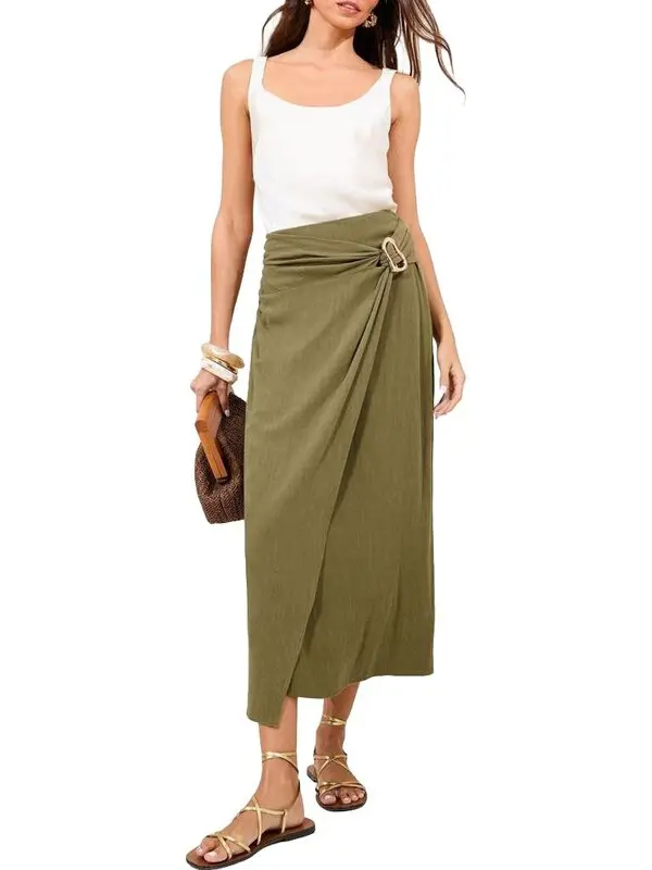 LIPSY Faux Wrap Midi Skirt With Goldtone Buckle - Green