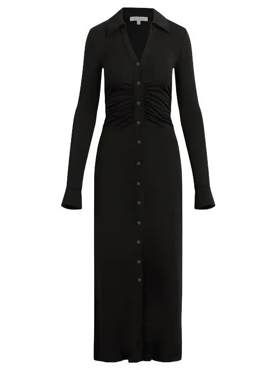 FAVORITE DAUGHTER Ruched Long Sleeve Maxi Shirt Dress - Black