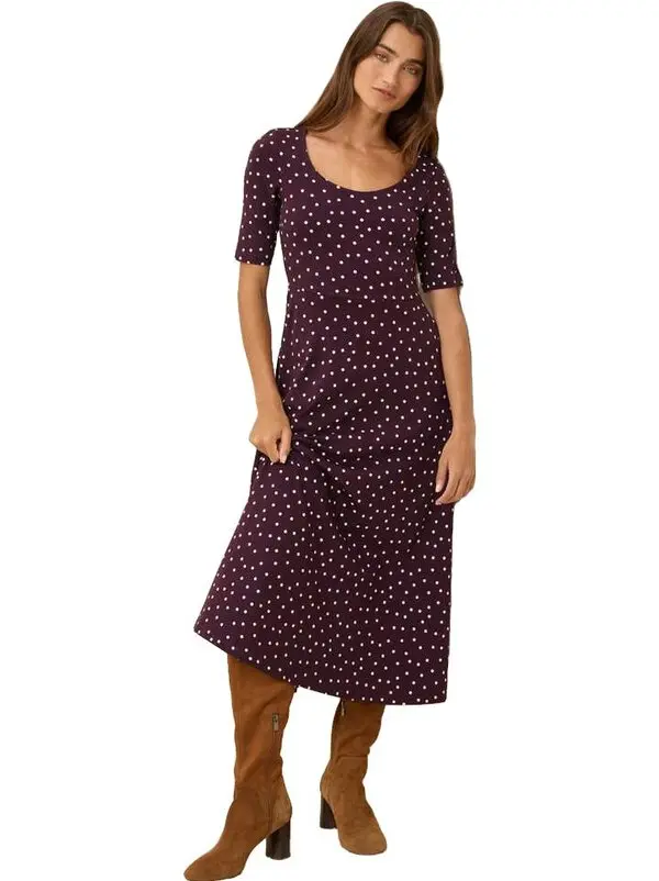 PACT Fit & Flare Signature Scoop Neck Organic Cotton Dress - Berry Polka Dot