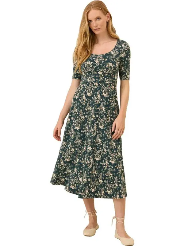 PACT Fit & Flare Signature Scoop Neck Organic Cotton Dress - Fjord Floral