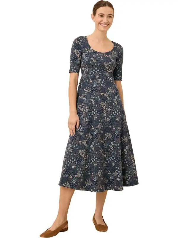 PACT Fit & Flare Signature Scoop Neck Organic Cotton Dress - Mountain Meadow Midnight Blue