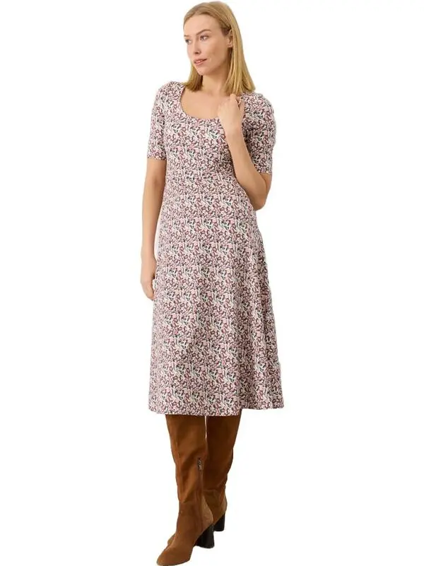 PACT Fit & Flare Signature Scoop Neck Organic Cotton Dress - Paradise Petals Cream