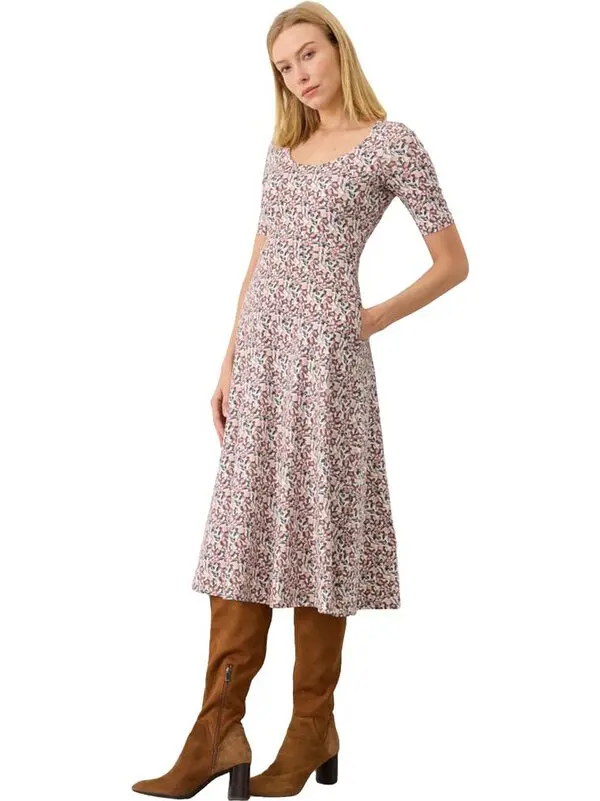 PACT Fit & Flare Signature Scoop Neck Organic Cotton Dress - Paradise Petals Cream
