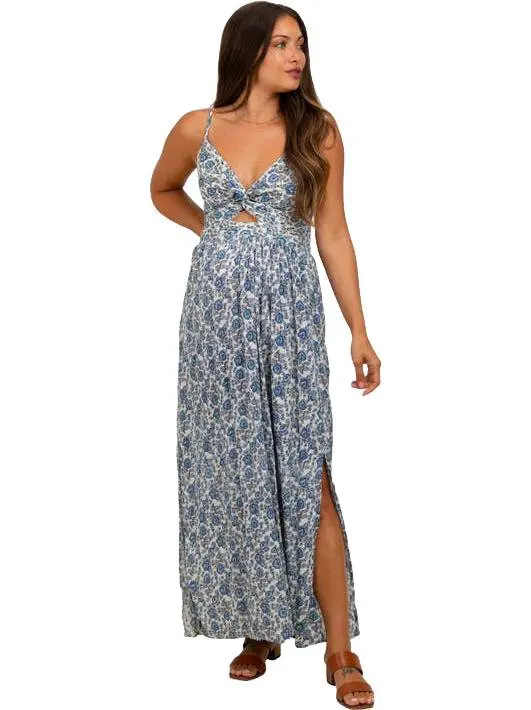 PINKBLUSH Floral V-neck Twist Front Keyhole Maxi Dress - Blue