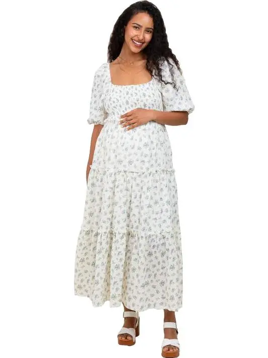 PINKBLUSH Floral Smocked Ruffle Tiered Maxi Dress - Blue