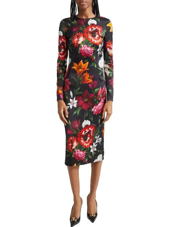 Dolce & Gabbana Floral Print Long Sleeve Satin Sheath Dress - Hn5pb Anemoni Gigli F.nero