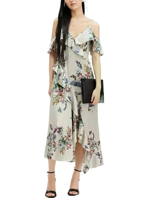 ALLSAINTS Floral-print Midi Dress With Ruffle Detail - Neutrals