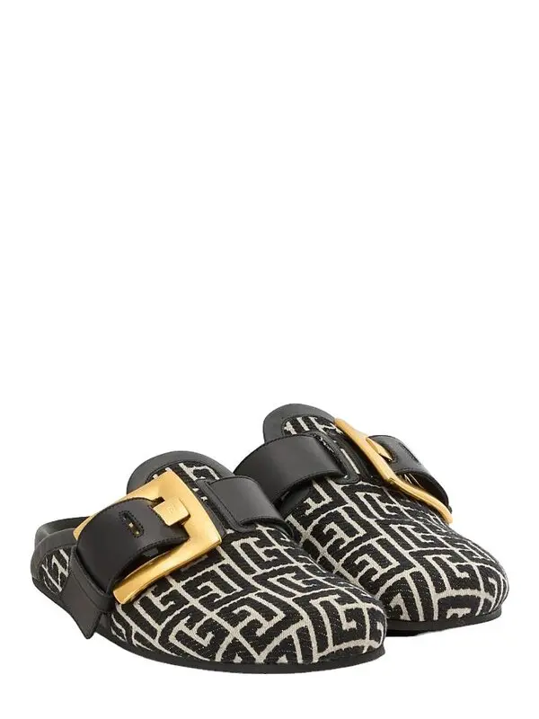 Balmain Anthem Mules In Jacquard Canvas With Pb Monogram - Black