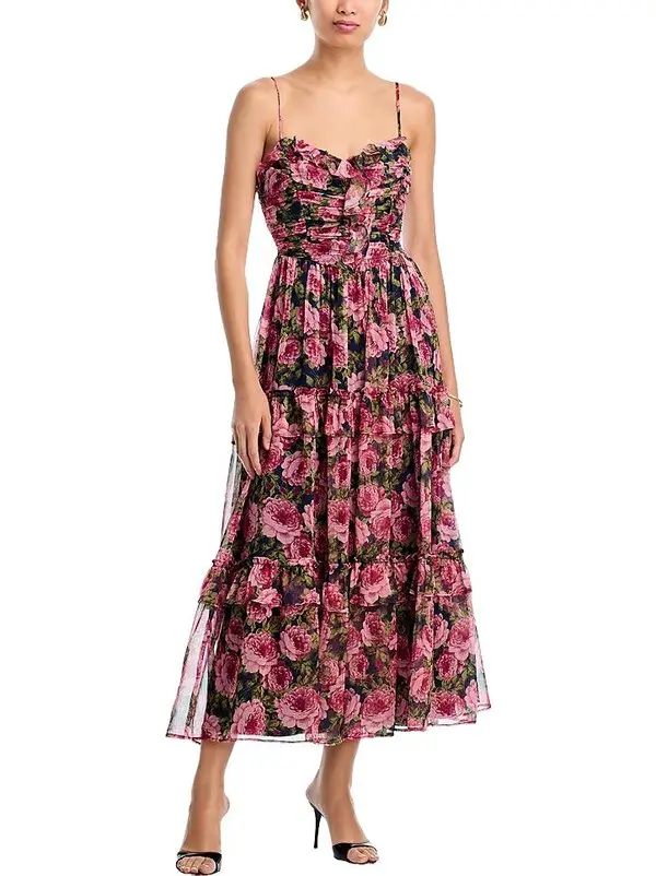 Aqua Floral Print Ruched Sleeveless Midi Dress - Pink