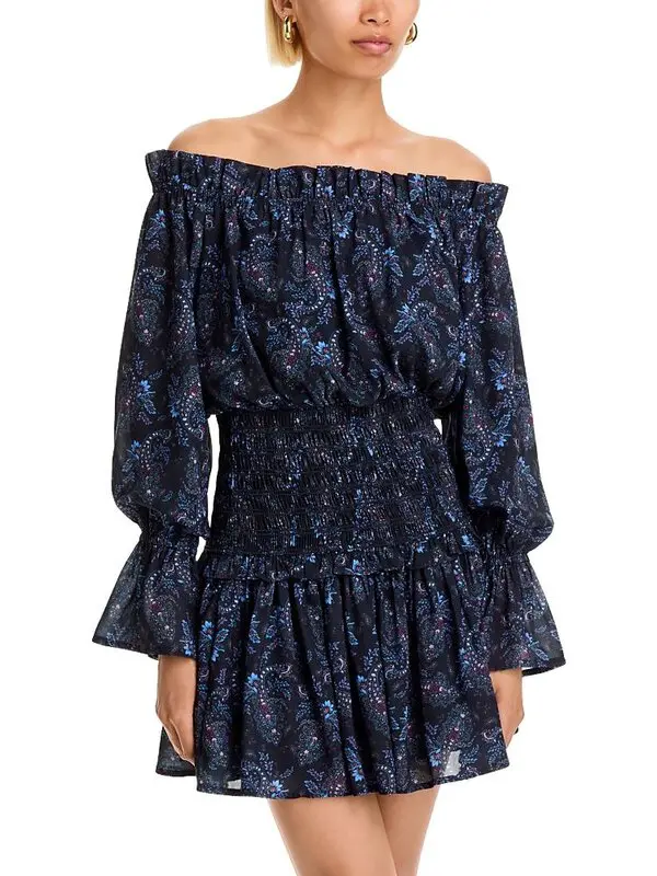 Aqua Off-the-shoulder Smocked Mini Dress - Blue Multi