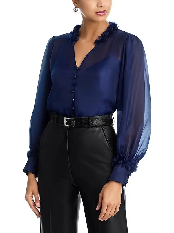 Aqua Flower Trim Blouse - Navy
