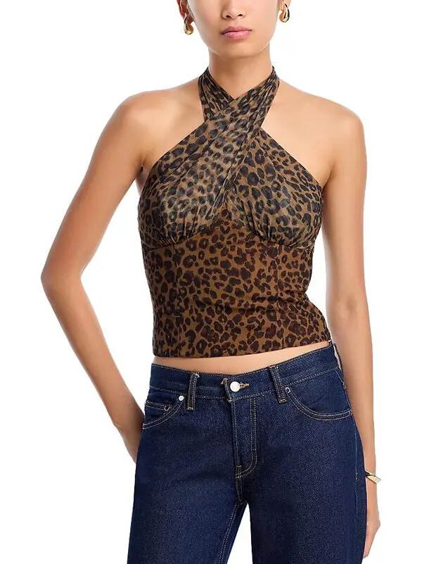 Aqua Mesh Leopard Halter Top - Brown