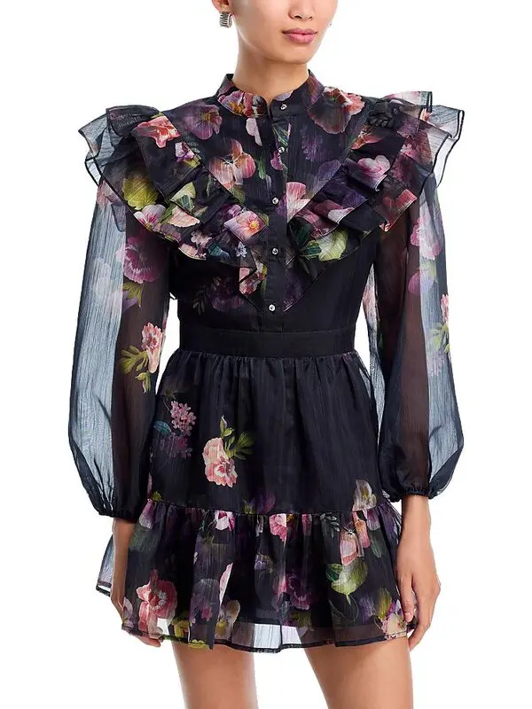 Aqua Floral Ruffle Trim Dress - Black Multi