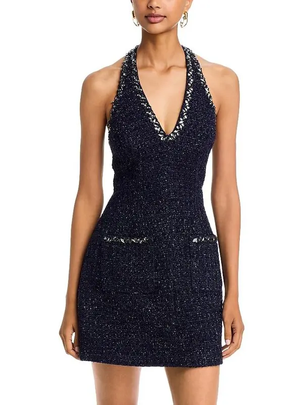 Aqua Tweed Halter Mini Dress - Navy