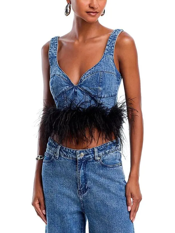 Aqua Feather Trimmed Denim Crop Top - Indigo