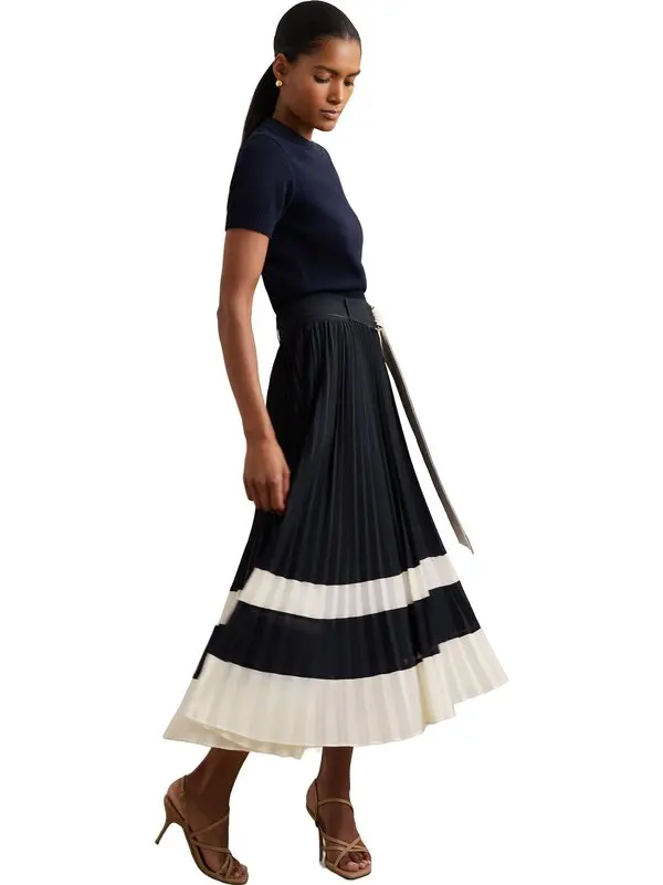 REISS Belted Pleated Midi Skirt - Navy/ivory