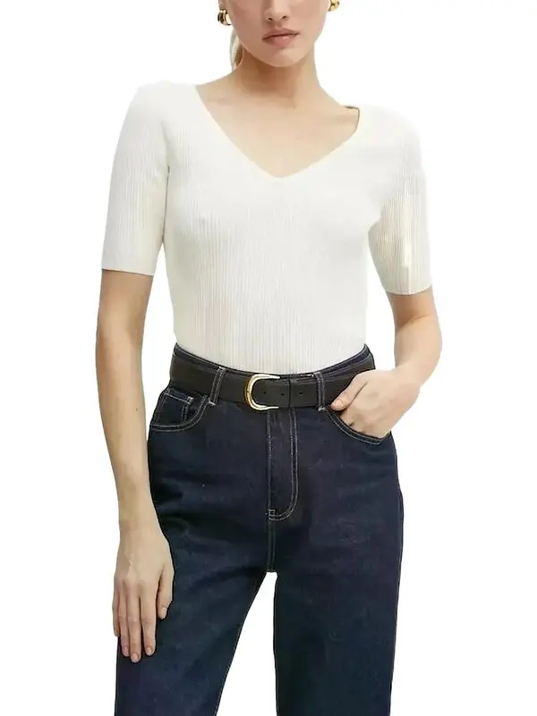 BOSS Ribbed V-neck Top - White