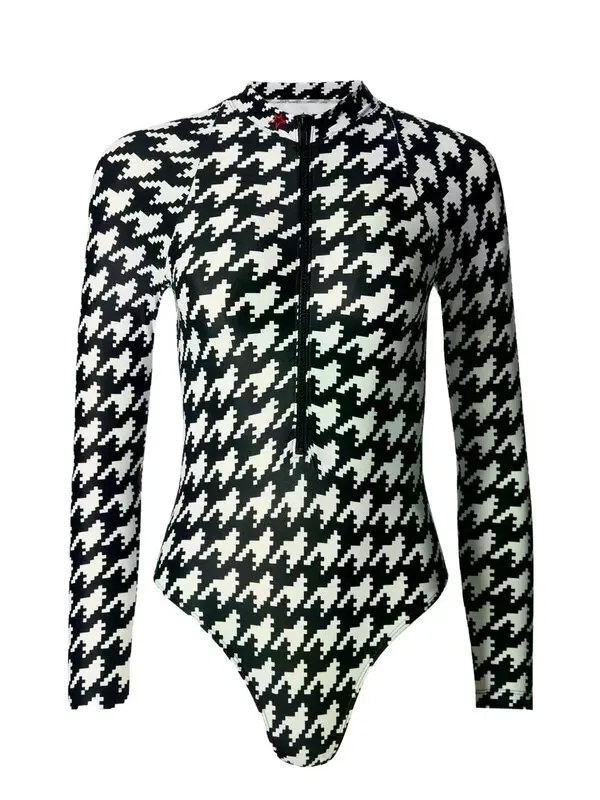 Perfect Moment Houndstooth Long-sleeve Half-zip Swimsuit - Black