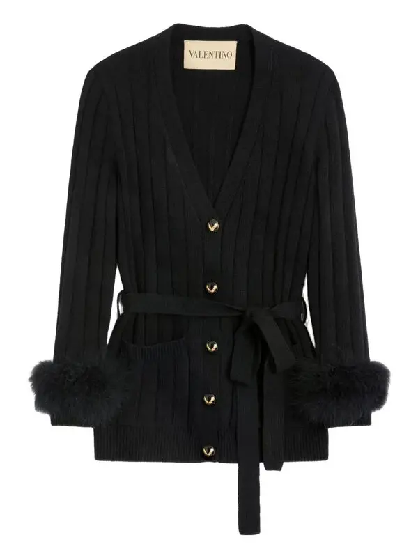 Valentino Garavani Feather-cuff Ribbed Knit Cardigan - Black