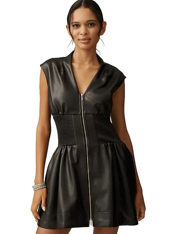 Anthropologie Faux Leather Zip-front Mini Shirt Dress - Black