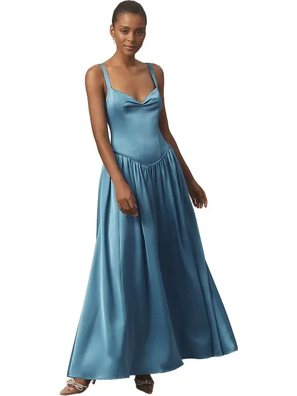 Bhldn Seraphina Sweetheart Corset Satin Maxi Dress - Teal Blue