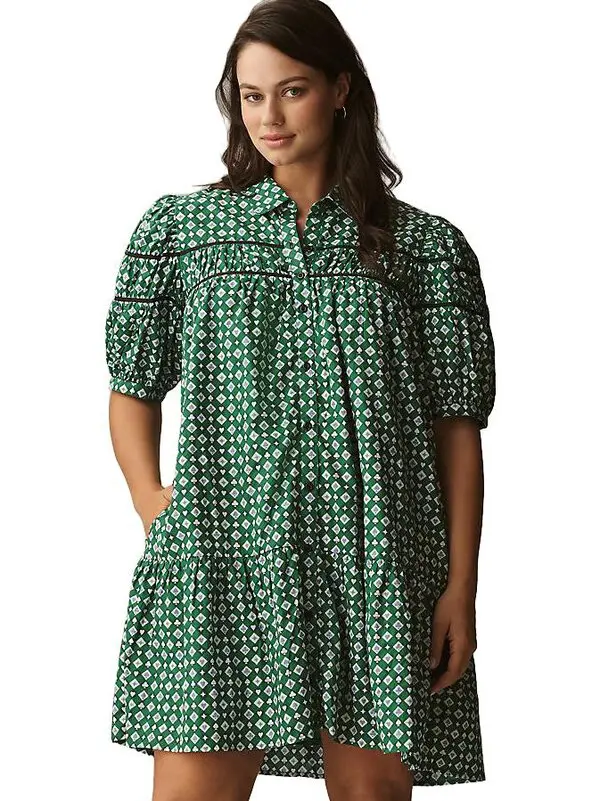 Maeve Leandra Shirred Yoke Mini Dress - Green Pattern