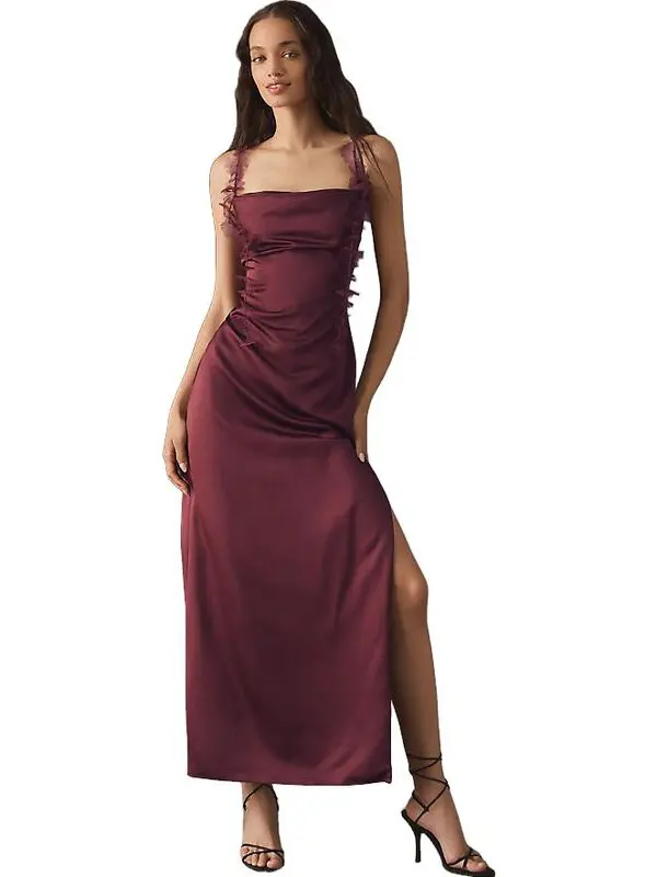 Bhldn Arabella Tendril-sleeve Satin Maxi Dress - Dark Burgundy
