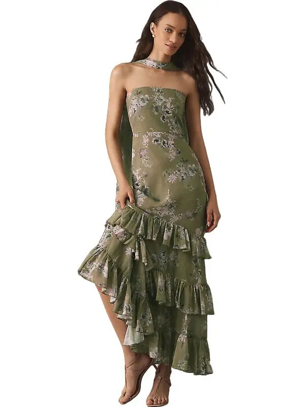 Bhldn Strapless Chiffon Scarf Maxi Dress - Olive Green Watercolor Floral
