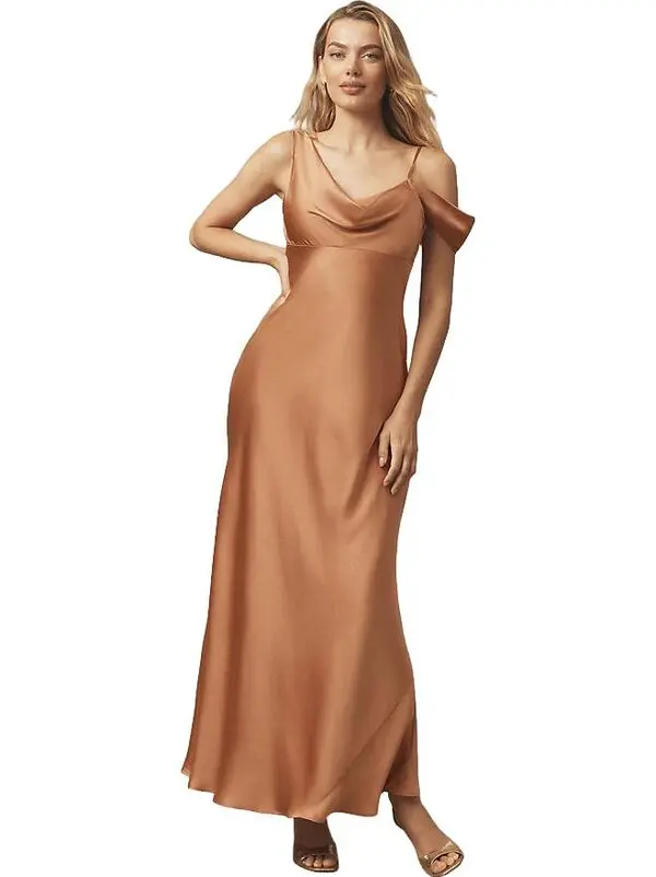 Bhldn Abigail Asymmetric Cowl-neck High-shine Satin Maxi Dress - Copper