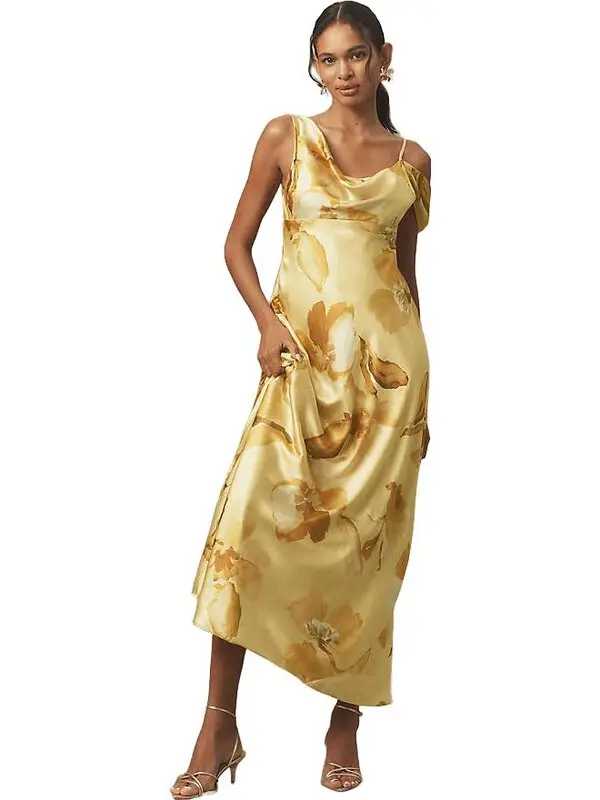 Bhldn Abigail Asymmetric Cowl-neck High-shine Satin Maxi Dress - Gold Painted Floral