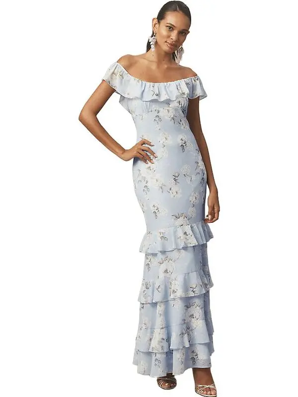 Bhldn Elara Ruffle Chiffon Maxi Dress - Sky Blue Peony Bouquet