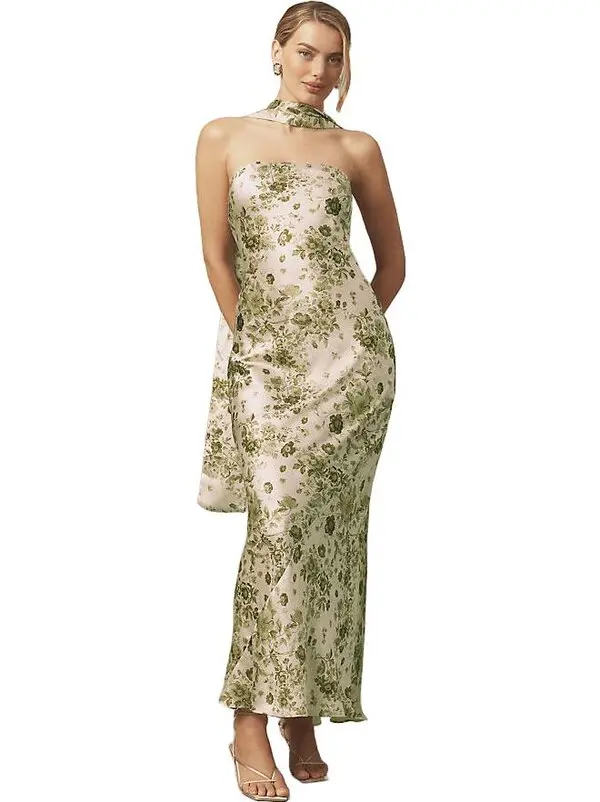 Bhldn Nesta Strapless Scarf Slip Maxi Dress - Olive Green/chinoiserie