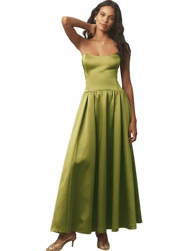 Bhldn Miley Strapless Drop-waist High-shine Satin Maxi Dress - Olive Green