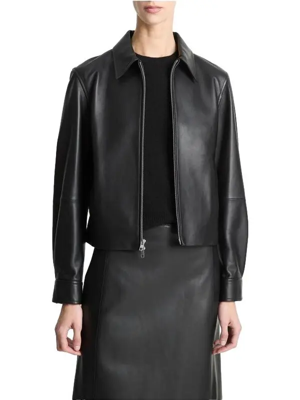 Vince Leather Cropped Zip-front Jacket - Black