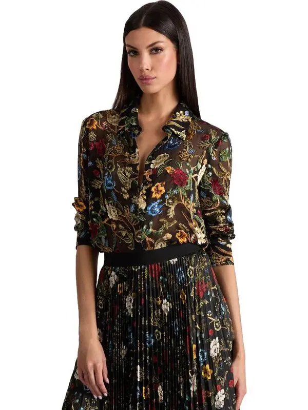 Alice + Olivia Willa Floral Silk Blouse - Black