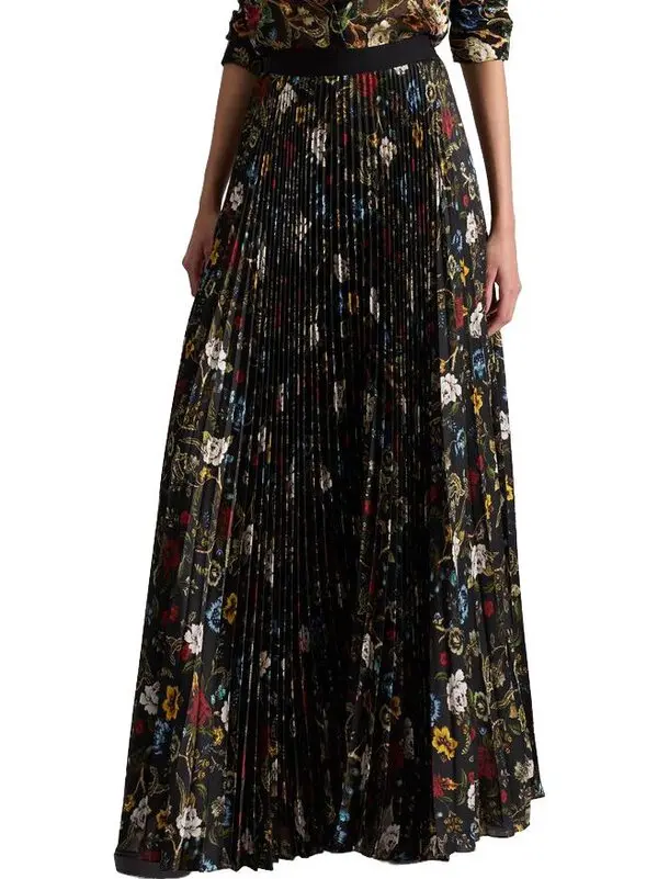 Alice + Olivia Katz Floral Pleated Maxi Skirt - Black