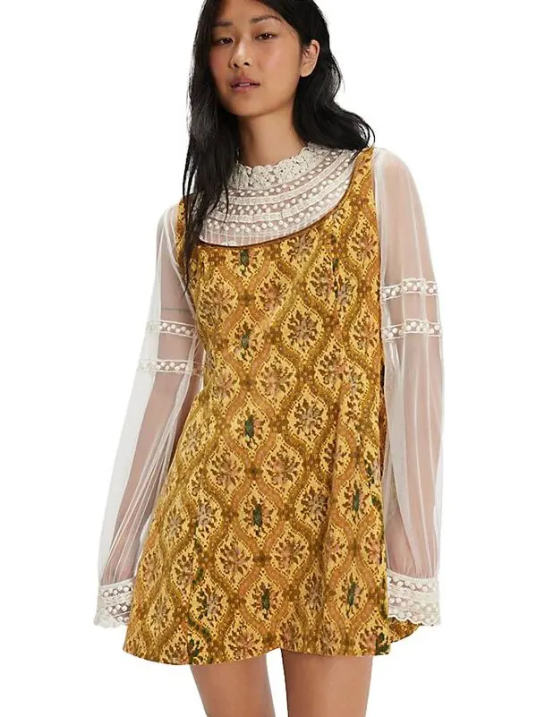 Free People Petal Tapestry Mini Dress - Ochre Combo