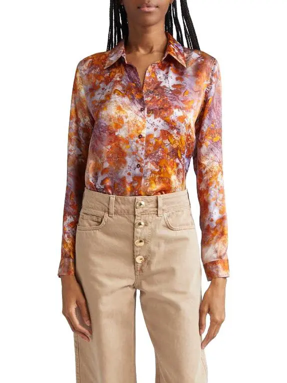 L'Agence Tyler Leaf Print Silk Shirt - Mauve Multi Autumn Leaves