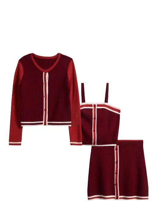 FRESHMAN 3-piece Ribbed Knit Set - Burgundy Orange