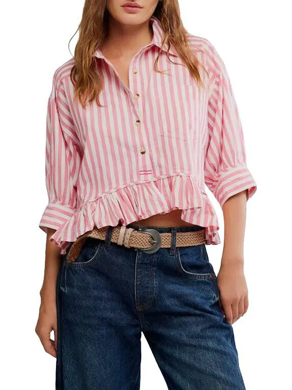 Free People Striped Ruffle Hem Button-up Shirt - Coral Combo