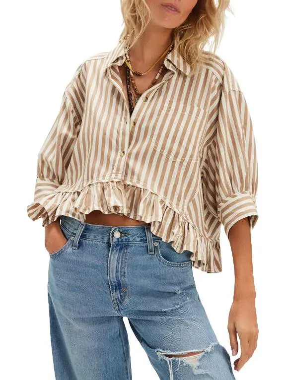 Free People Striped Ruffle Hem Button-up Shirt - Neutral Combo