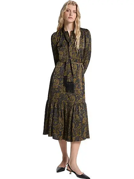 Michael Kors Paisley Print Satin Tie-neck Midi Dress - Green
