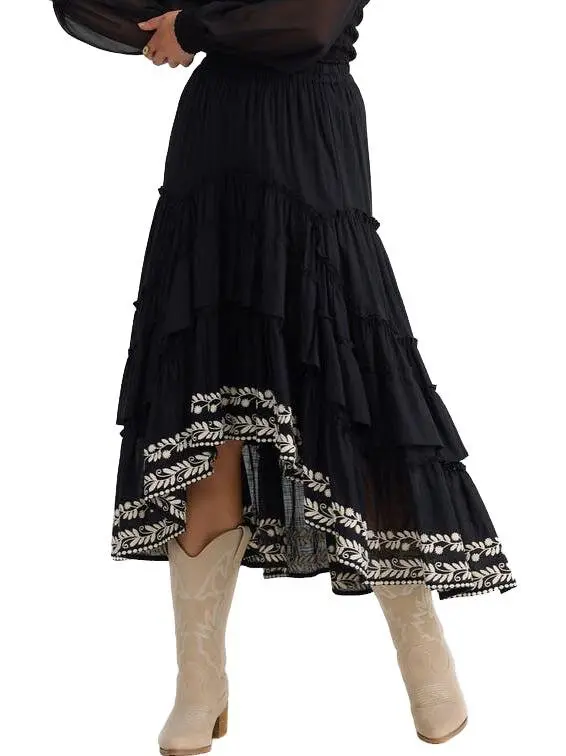 TALISMAN THE LABEL Tiered Ruffle High-low Embroidered Skirt - Black W Off White